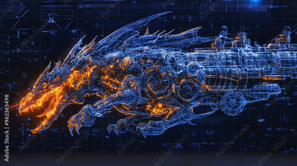 ntricate Blueprint of a Mechanical Dragon with Gears and Circuits ...