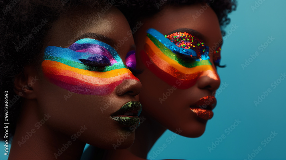 Fashion studio profile portrait of two black women wearing bold strong ...