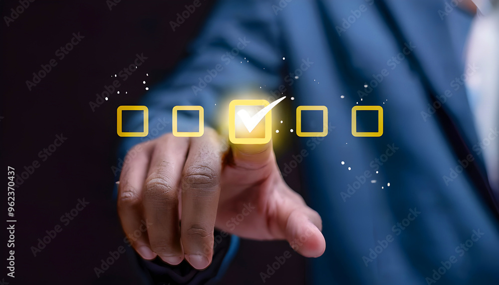 Checklist concept, businessman taking online checklist survey on ...