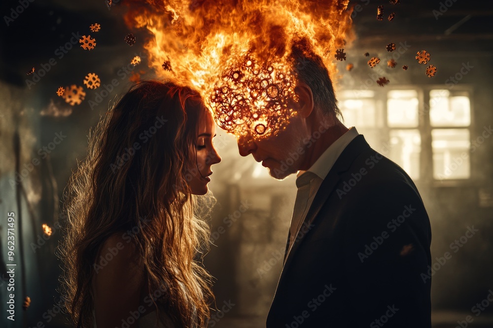 Mental sharpening Couple with fiery brains portraying the intensity of ...