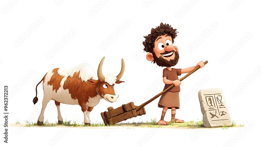 Ancient Mesopotamian Farmer Plowing Field with Oxen Drawn Wooden Plow ...