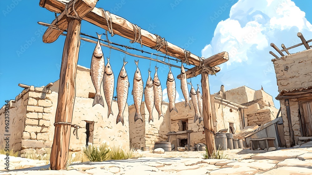 Mesopotamian Fishermen Drying Fish under the Hot Sun in an Ancient ...