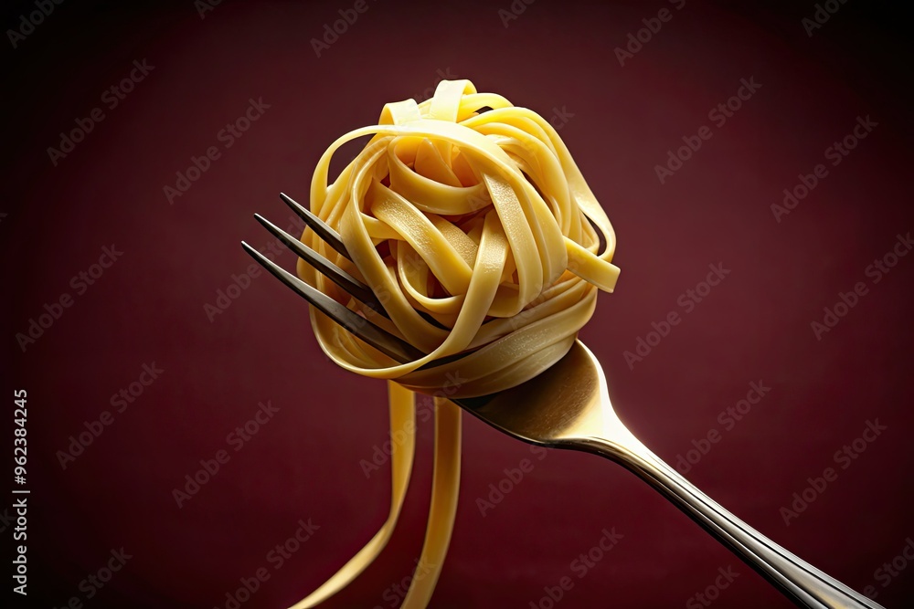 Delicately lit long strand of fettuccine wrapped around a luxurious ...