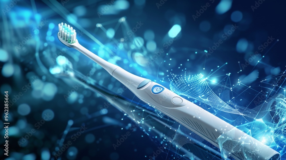 A sleek white electric toothbrush is displayed in a futuristic digital ...