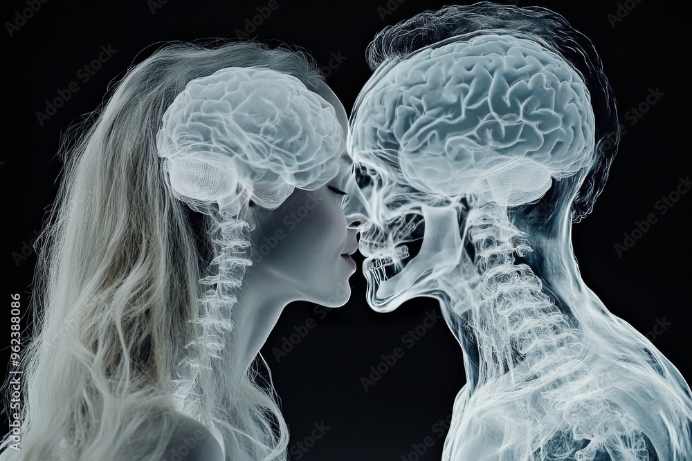 Brain intelligence exercise X ray styled profiles of a couple with ...