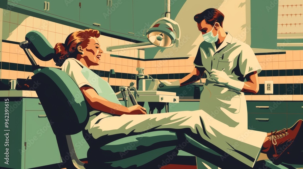 Stylized illustration depicting a dentist attending to a patient in a ...