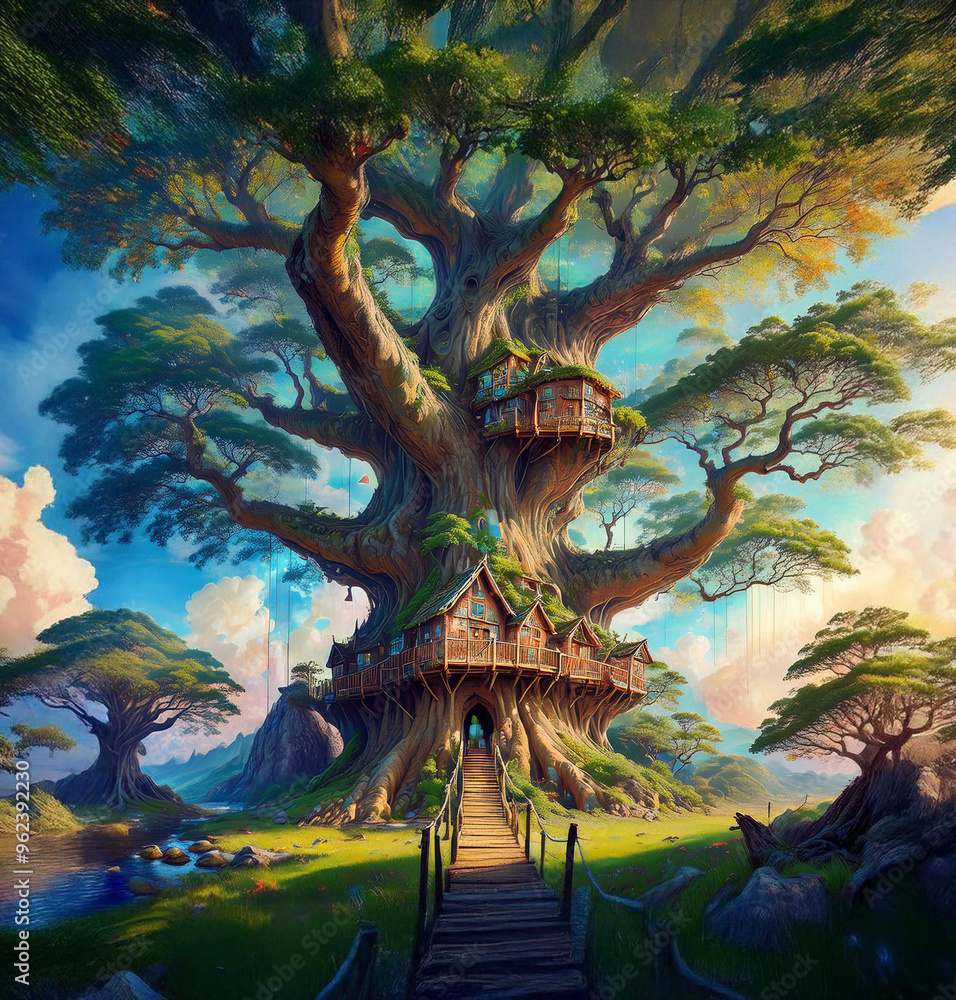 A giant, ancient tree with a trunk as wide as a house, its branches ...