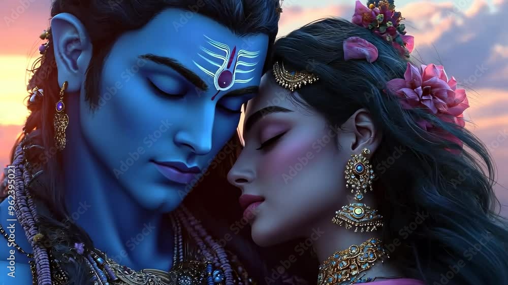 Radha and Lord Krishna hugging on sunrise. Krishna Janmashtami ...