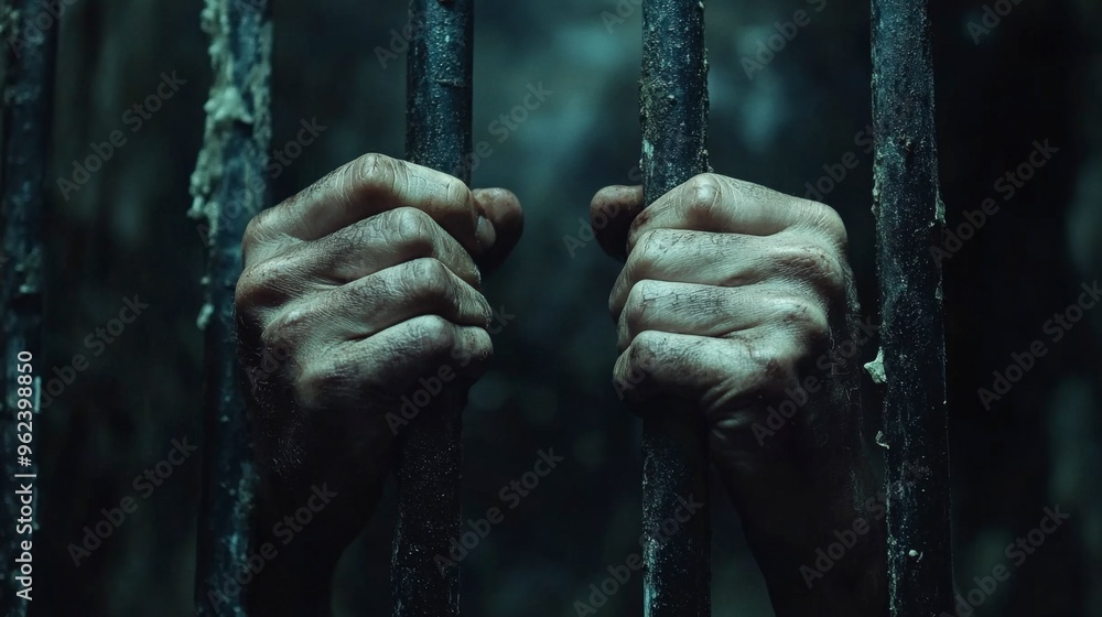 Captive Hands Gripping Prison Bars in Darkness Stock Illustration ...