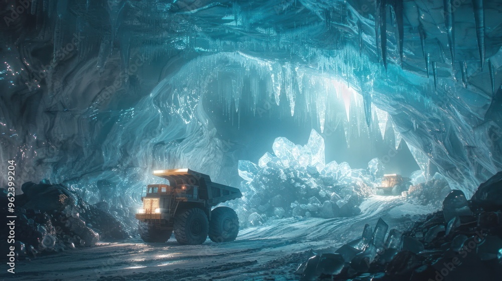 Breathtaking view of an icy cave tunnel with a rugged off road ...