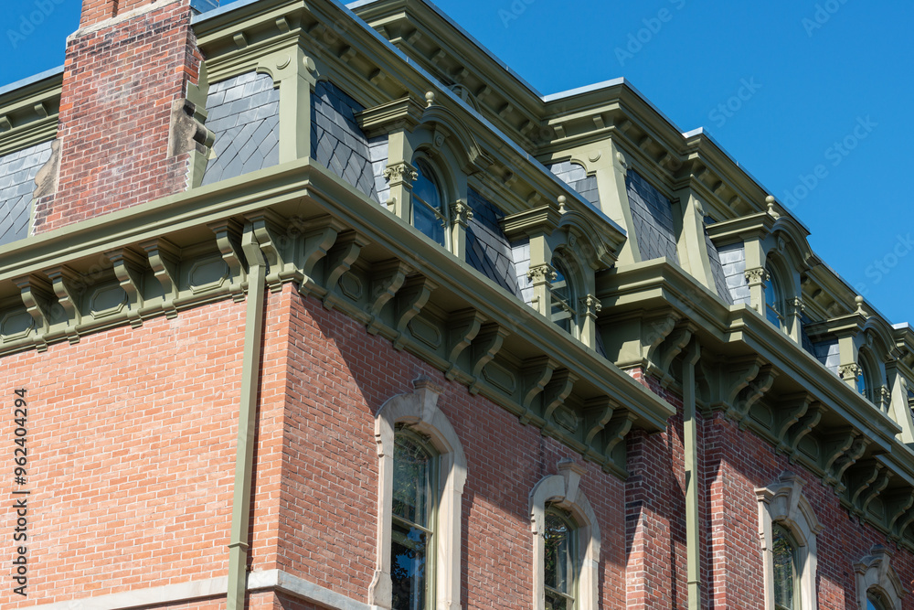 oblique angle view of mansard roof of George Brown House (side facing ...