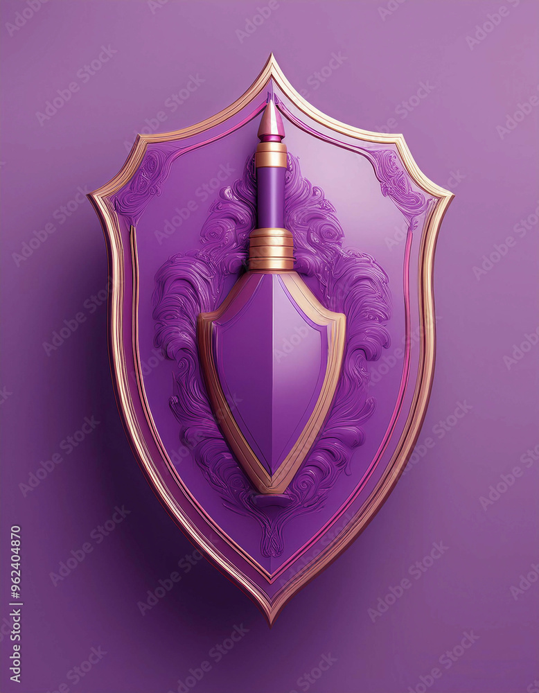 Purple shield with gold outlines featuring a central sword-shaped ...