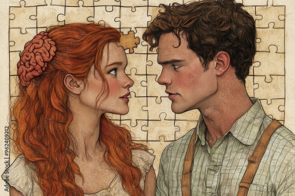 Brain framework Neural mind Romantic couple in an artistic illustration ...