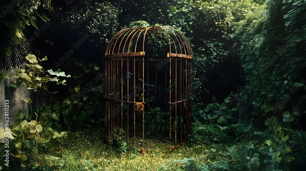 Conceptual image of a rusted broken cage sitting in an overgrown neglected garden a symbolic ...
