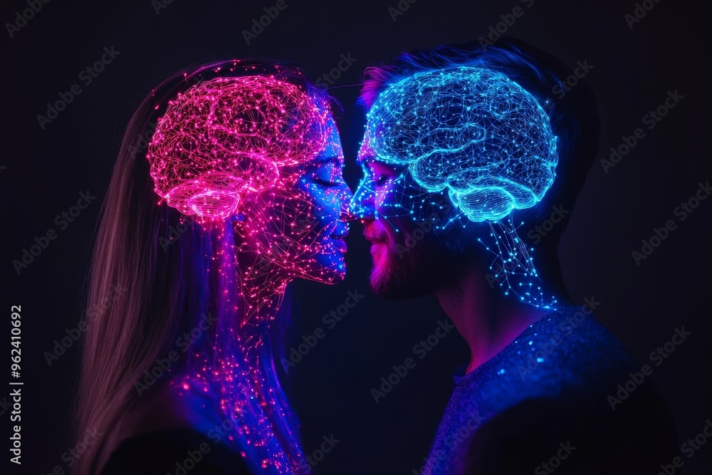 Intellectual hub Brain organ Neon brain silhouettes of a couple facing ...