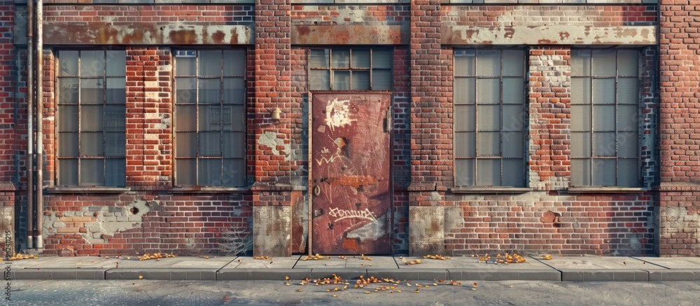 Weathered brick facade with vintage glass windows and graffiti art in ...