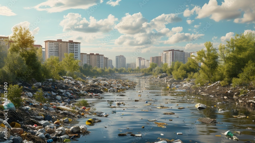 An urban river clogged with pollution flows through a densely populated ...