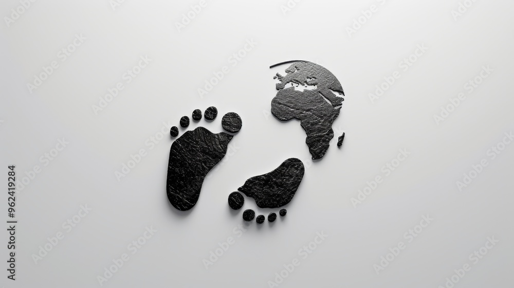 Illustration of black footprints featuring Earth continents ...