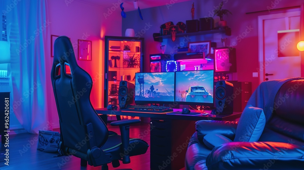 A Gaming Setup with a Gaming Chair, a Desktop, and a Recliner in a Room ...