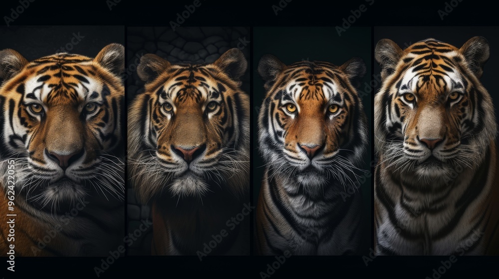 This captivating image features a detailed collage of four tigers in ...