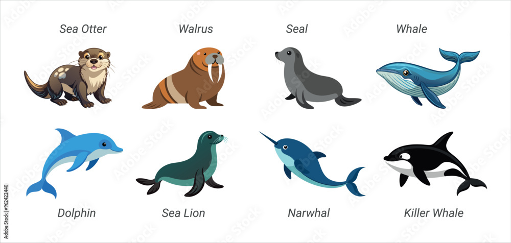 Illustration set of various marine mammals, including sea otter, walrus ...
