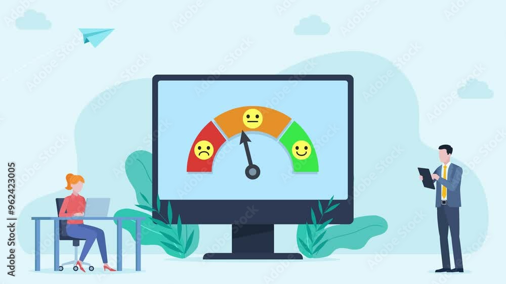 A customer satisfaction indicator appears on the monitor screen. When ...