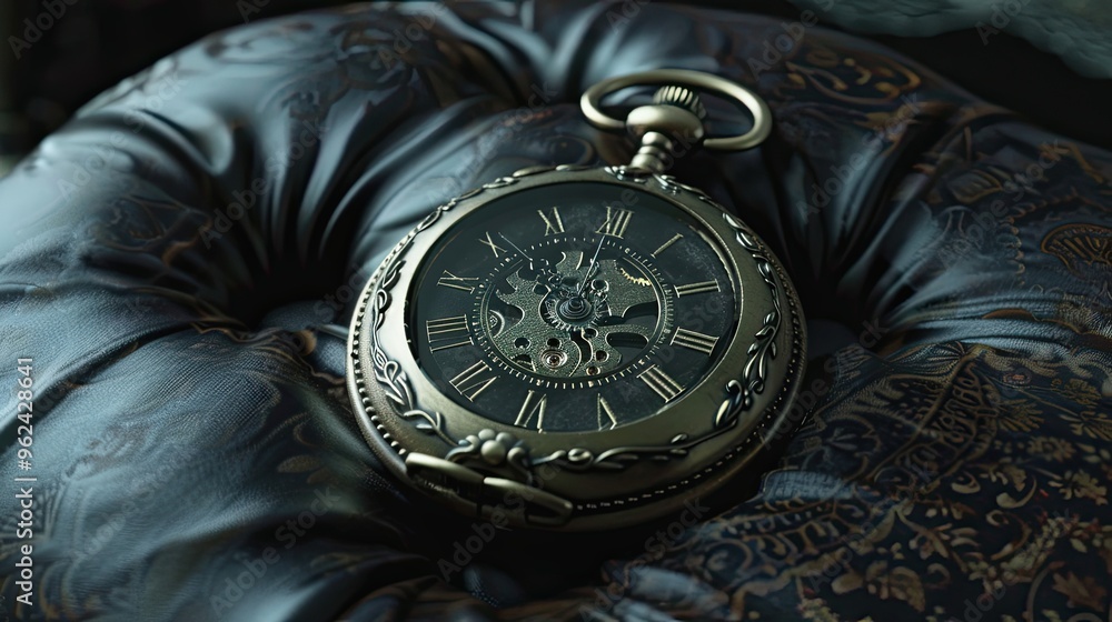 Vintage pocket watch with symbolic elements arranged on dark velvet ...