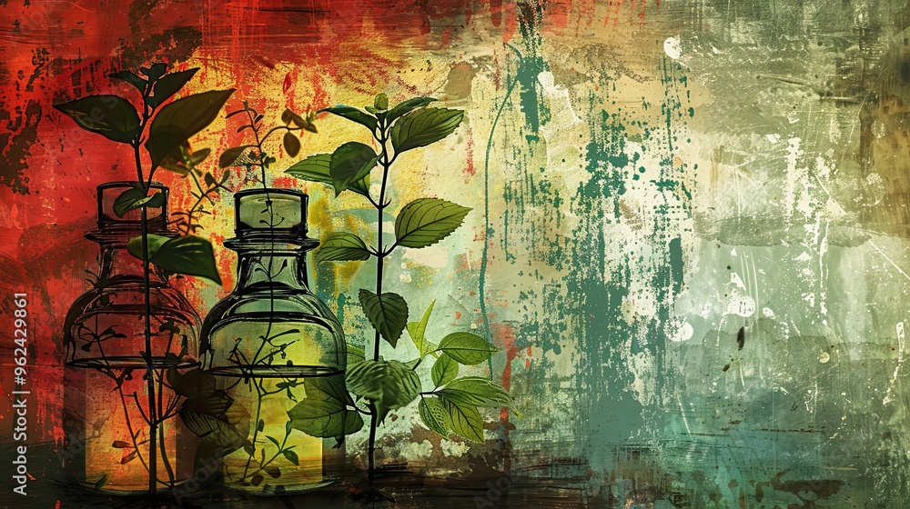 Exaggerated forms and bold colors of tea leaves in glass jars on a Neo ...