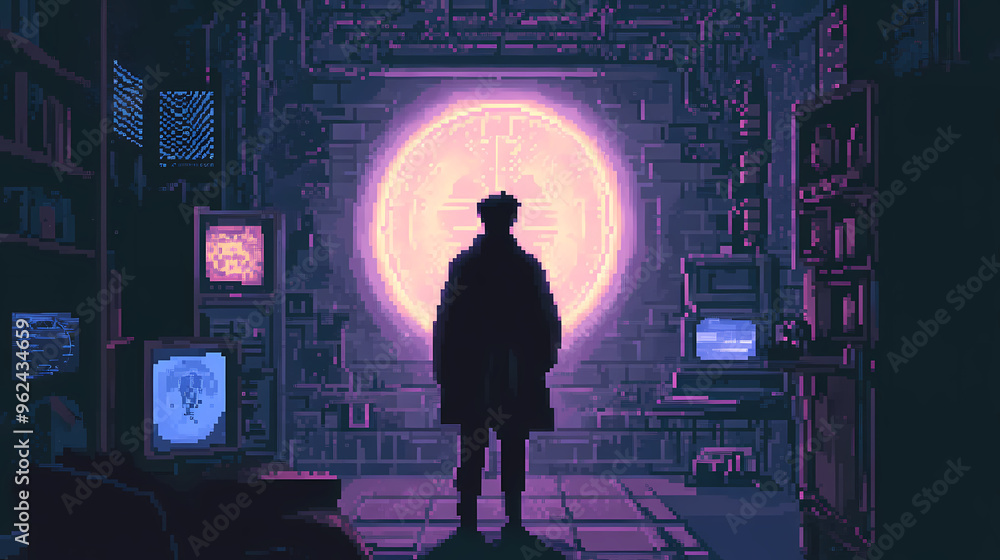 Retro pixel art: time traveler stepping through a portal into different ...