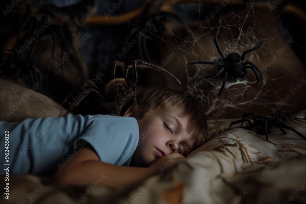 Dark room fairy lights boy sleeps crawling spider. Boy lies bed soft ...