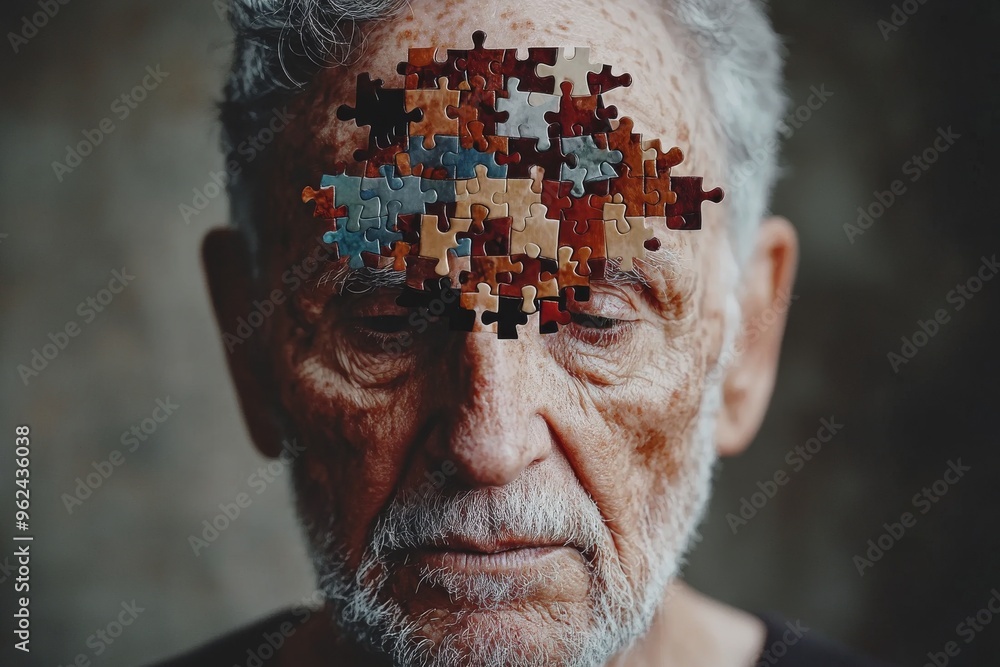 Neocortex Thalamus Elderly man with fragmented puzzle pieces on his ...