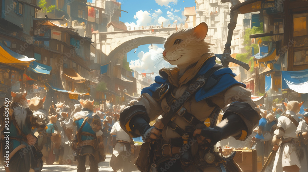 mouse beastfolk leader standing tall in a crowded medieval city square ...