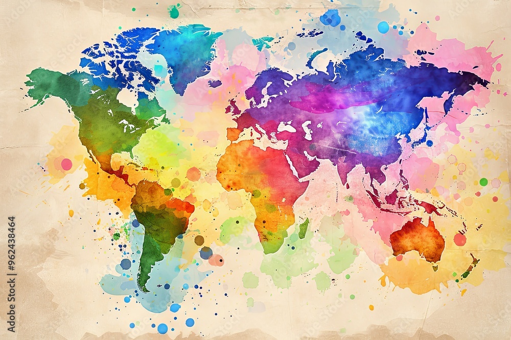 Colorful world map illustration featuring vibrant watercolors with ...