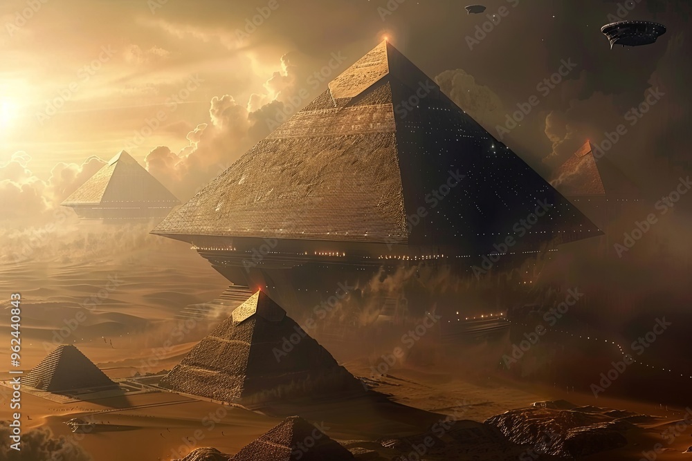 Majestic pyramids illuminated by sunset glow over a desert landscape ...