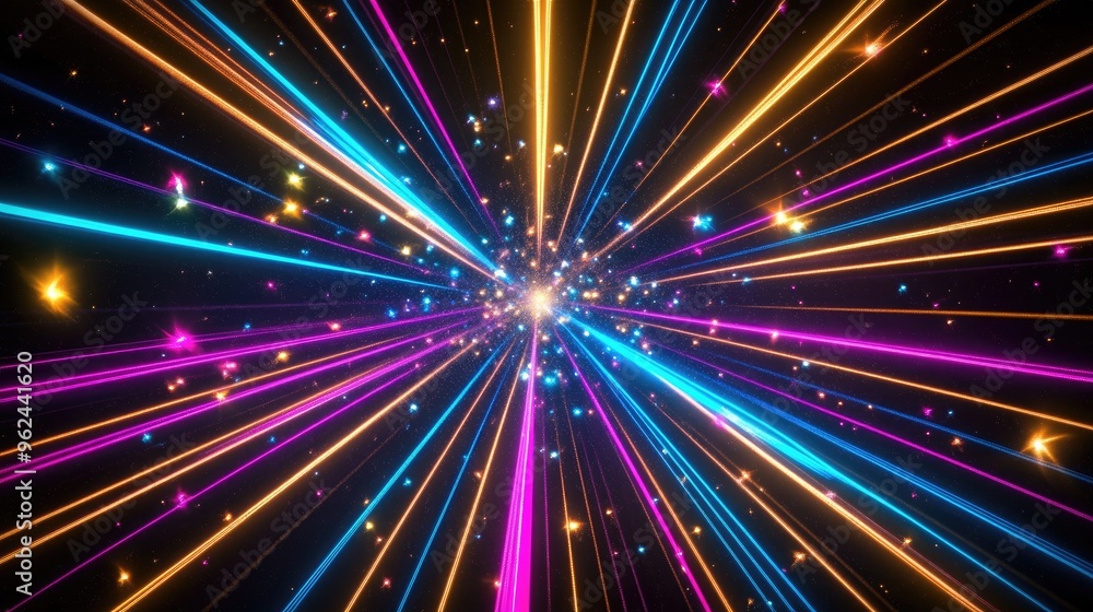 Beautiful neon light rays in starburst pattern, exploding in the ...