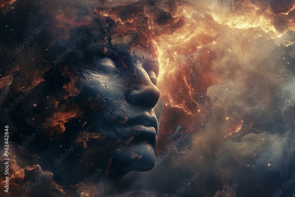 Mysterious cosmic landscape with a serene face emerging from vibrant ...