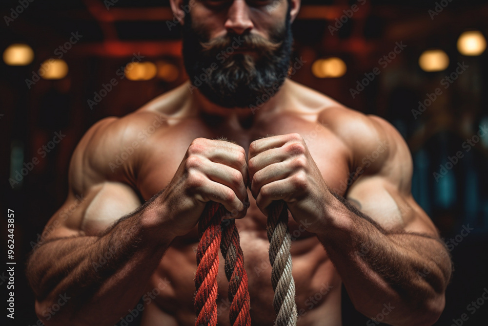 Straining muscles reveal the raw power and determination of a man in a ...