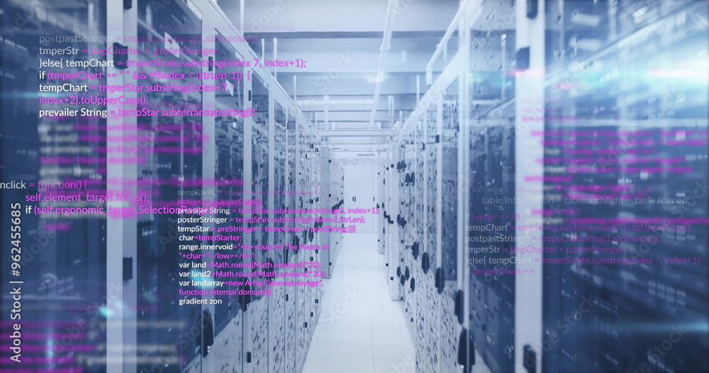 Computer code image over server racks in data center Stock Photo ...