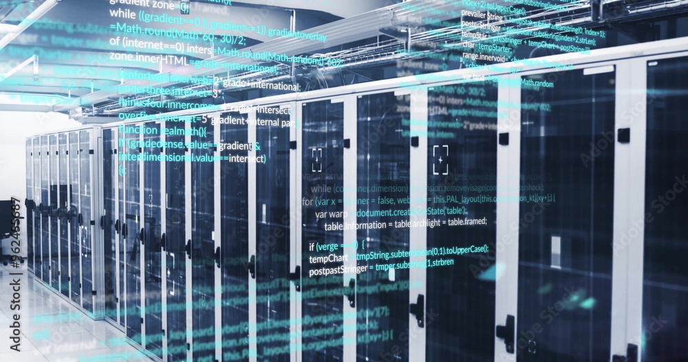 Computer code image over server racks in data center Stock Photo ...