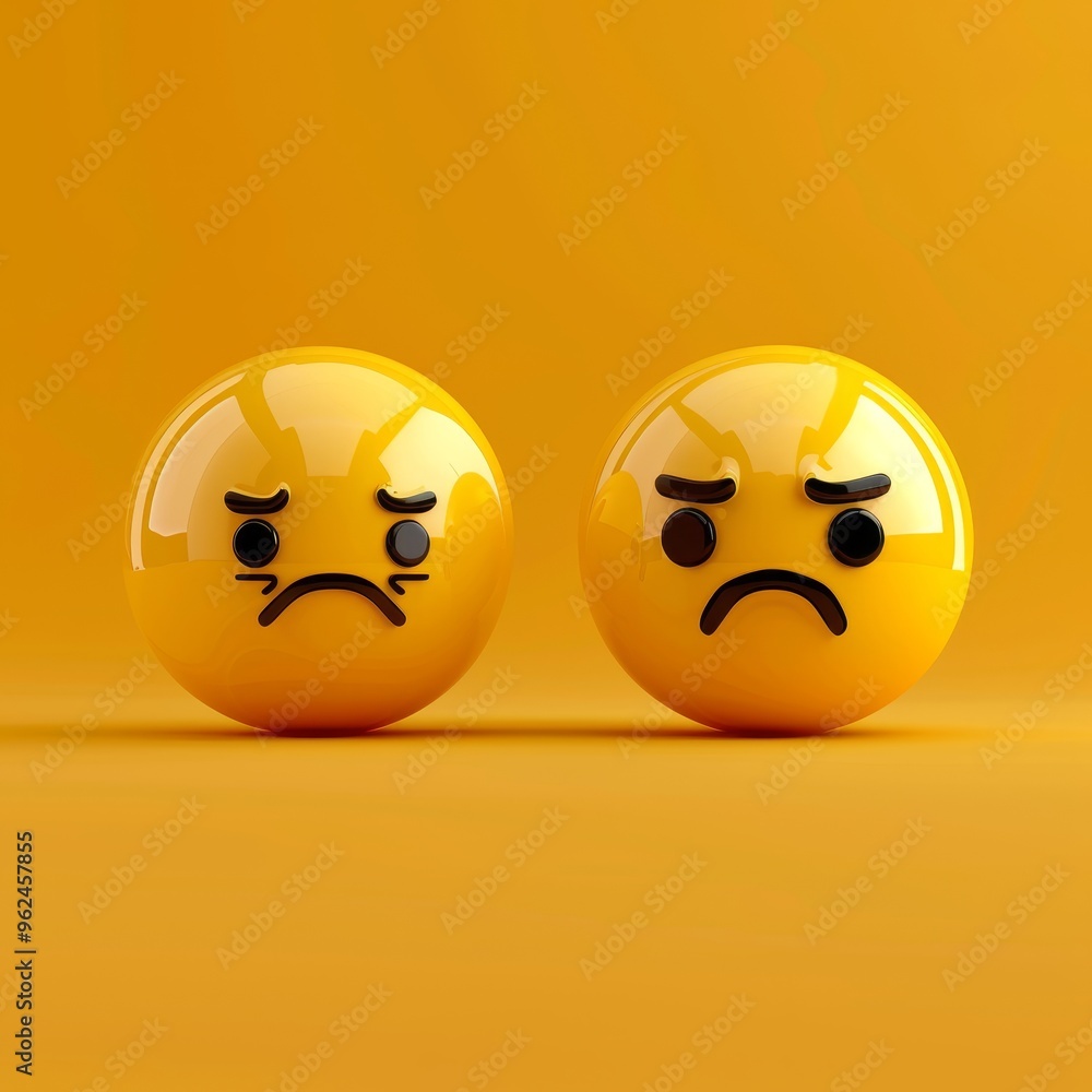 Two 3D yellow frowning faces on a bright yellow background. Faces ...