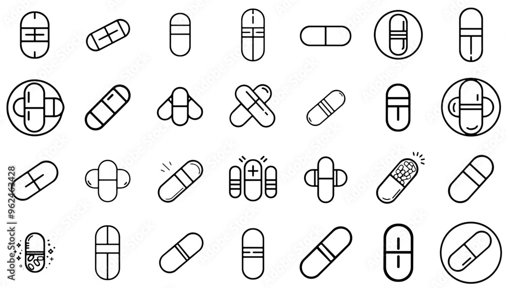 This collection features a variety of drug capsule designs arranged in ...