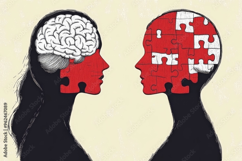 Neuroprosthetics Brain network Illustration of two women with puzzle ...
