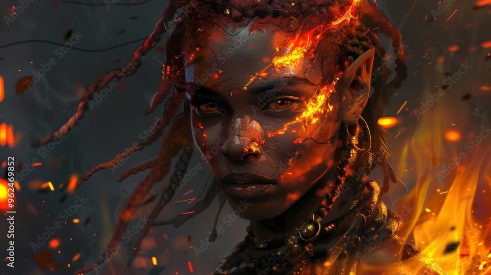 A portrait of a character from Dungeons and Dragons, a female Genasi ...