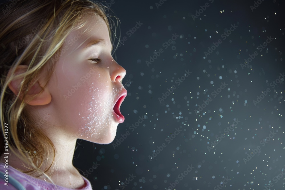 Healthy girl caught mid-sneeze spreading tiny invisible germs. Young girl sneezing illustrating ...