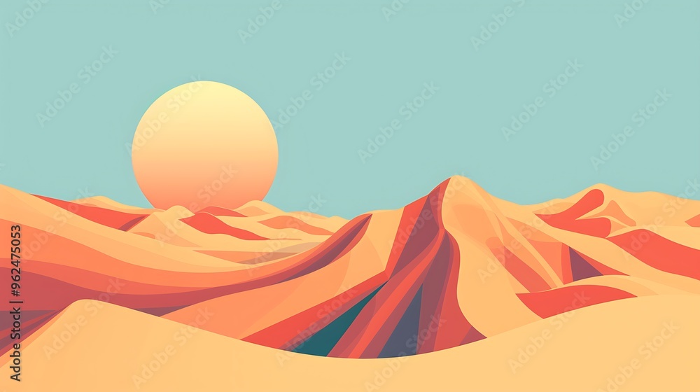 A simple flat design of a desert landscape with sand dunes and a bright ...