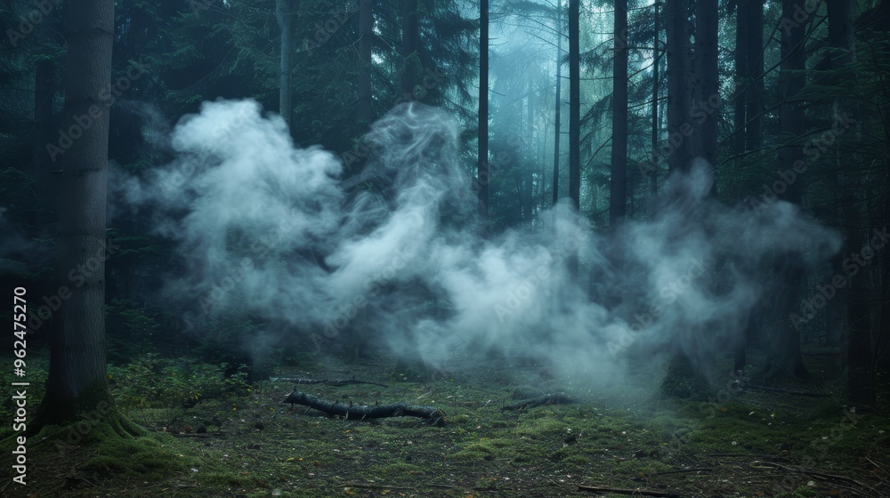 A ghostly white smoke formation appearing in a dark, dense forest ...