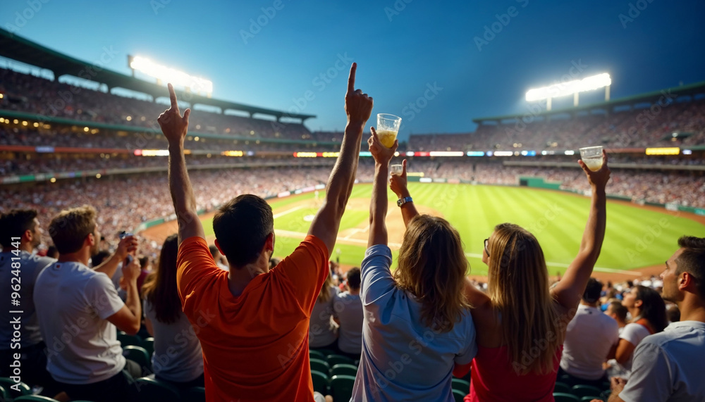 Excited fans cheer loudly at a packed baseball game, enjoying snacks in ...