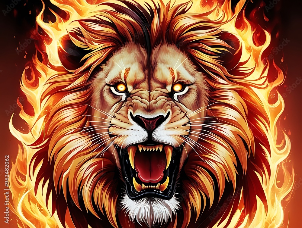 Ferocious Roaring Lion with Fiery Mane in Flaming Background, Majestic ...