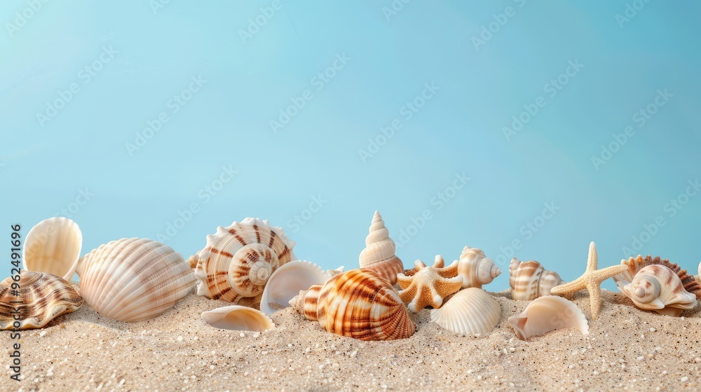 Sea shells on sandy shore with blue background. Travel theme image ...