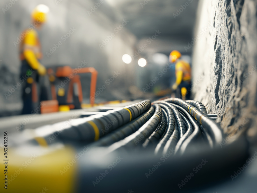 Underground cable splice with workers in tunnel, showcasing complex ...